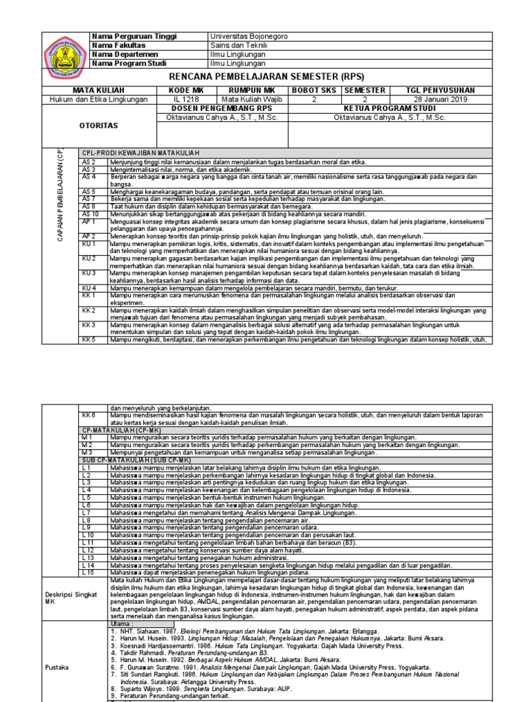 Contoh RPS Hukum Dan Etika Lingkungan (IL 1218) | PDF