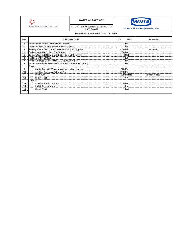 Material Take Off Mto Site Facilities Existing To Lay Down | PDF ...