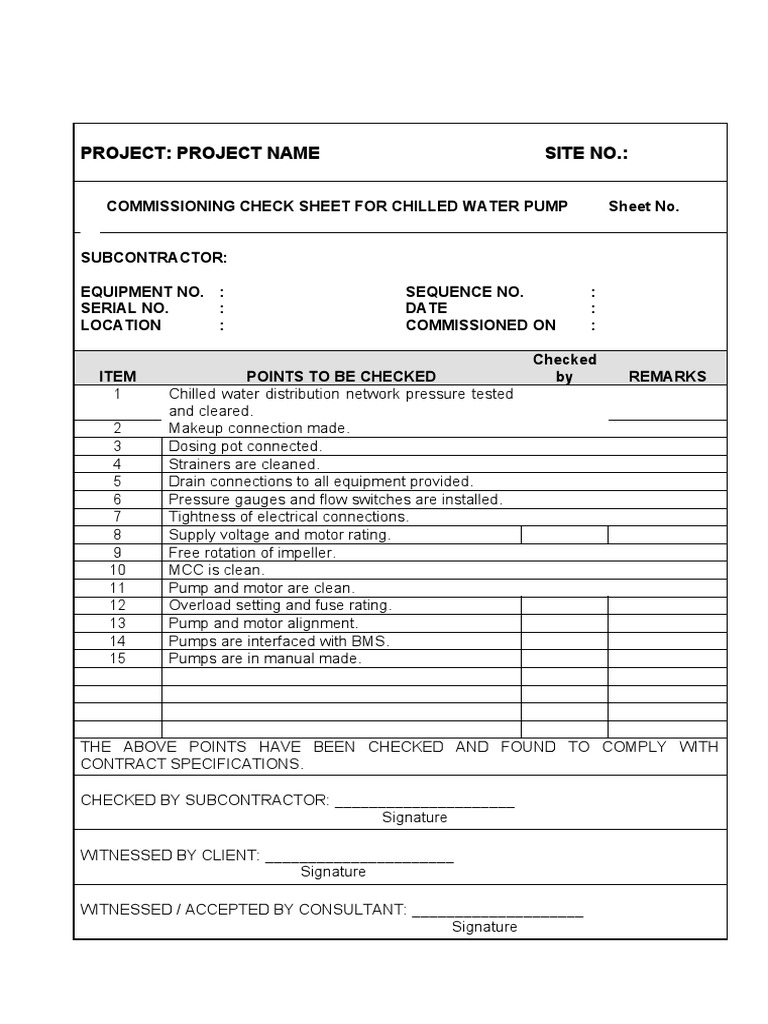 Project: Project Name Site No.:: Commissioning Check Sheet For Chilled ...