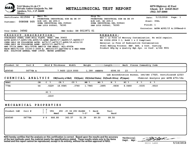 Metallurgical Test Report for Stainless Steel Continuous Mill Plate ...