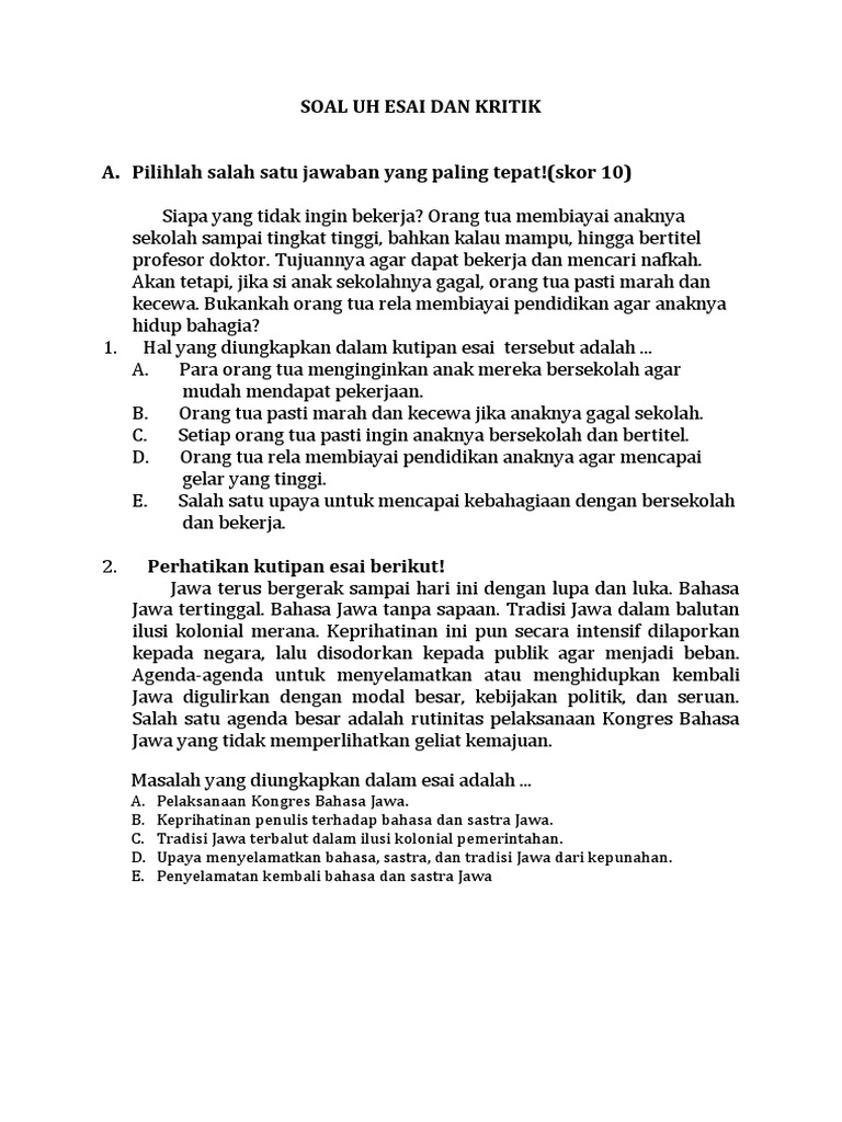 Soal Uh Esai Dan Kritik | PDF