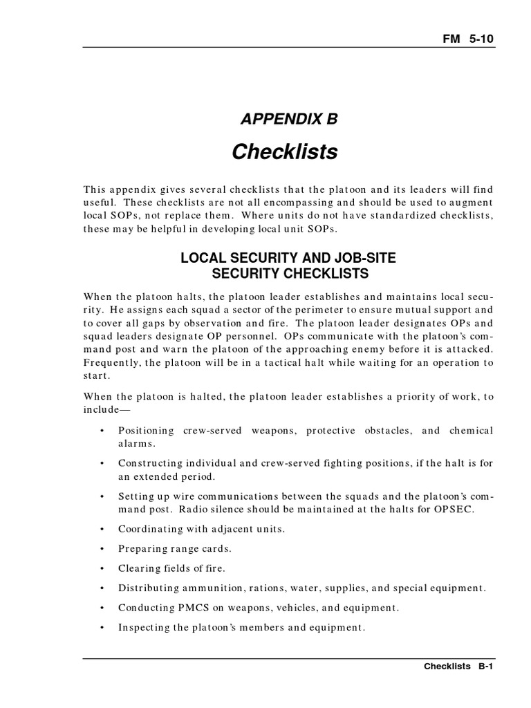Checklists: Appendix B | PDF | Platoon | Military