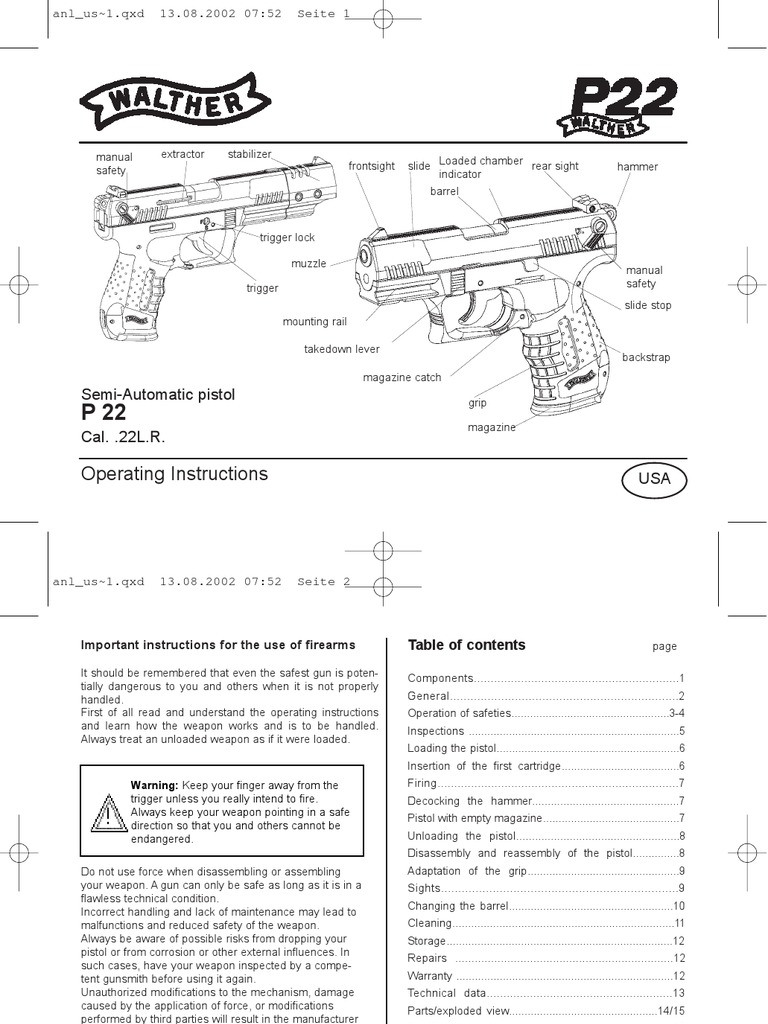 Walther P22 USA Manual | Trigger (Firearms) | Magazine (Firearms)