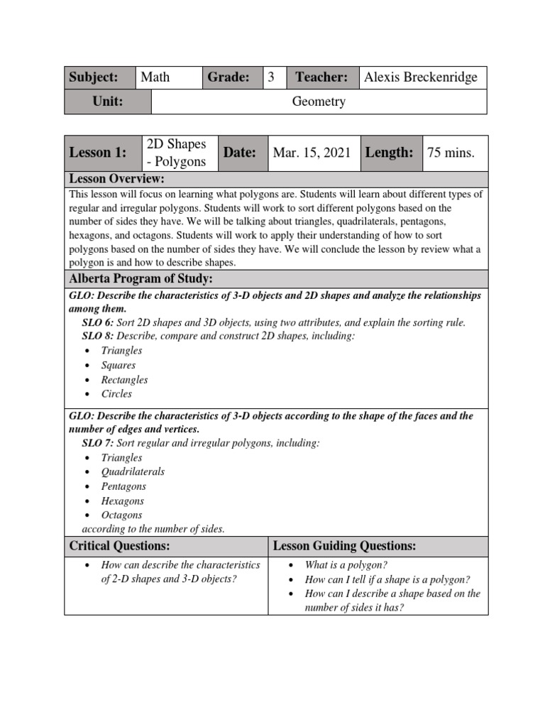 Lesson Plan 1 - Polygons | PDF | Shape | Polygon
