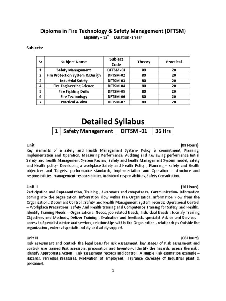 Detailed Syllabus: Diploma in Fire Technology & Safety Management ...