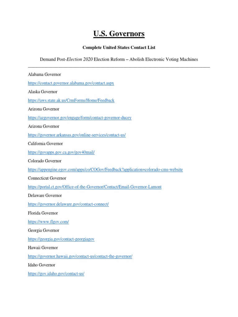US Governors Contact Information | PDF | The United States | Government
