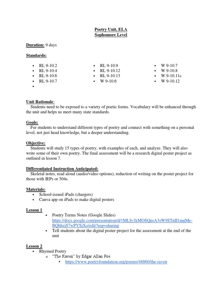 Unit Lesson Plan and References | PDF | The Raven | Poetry