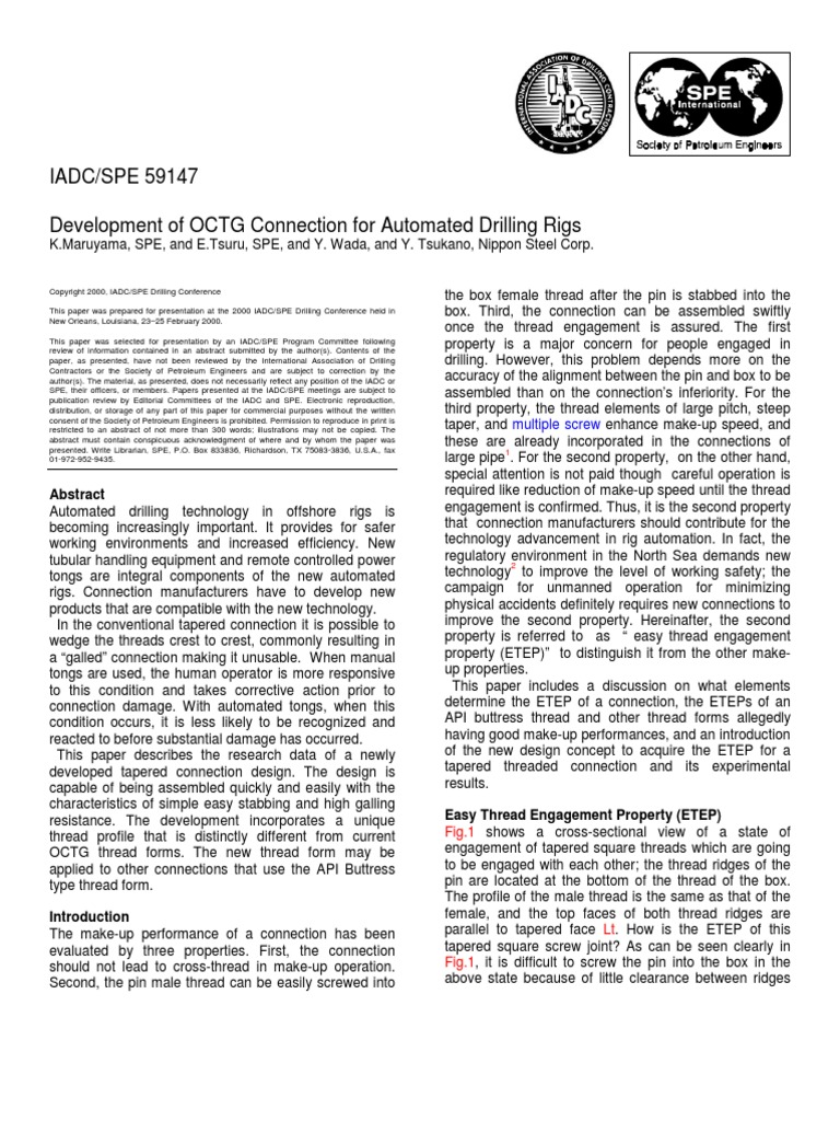 IADC/SPE 59147 Development of OCTG Connection For Automated Drilling ...
