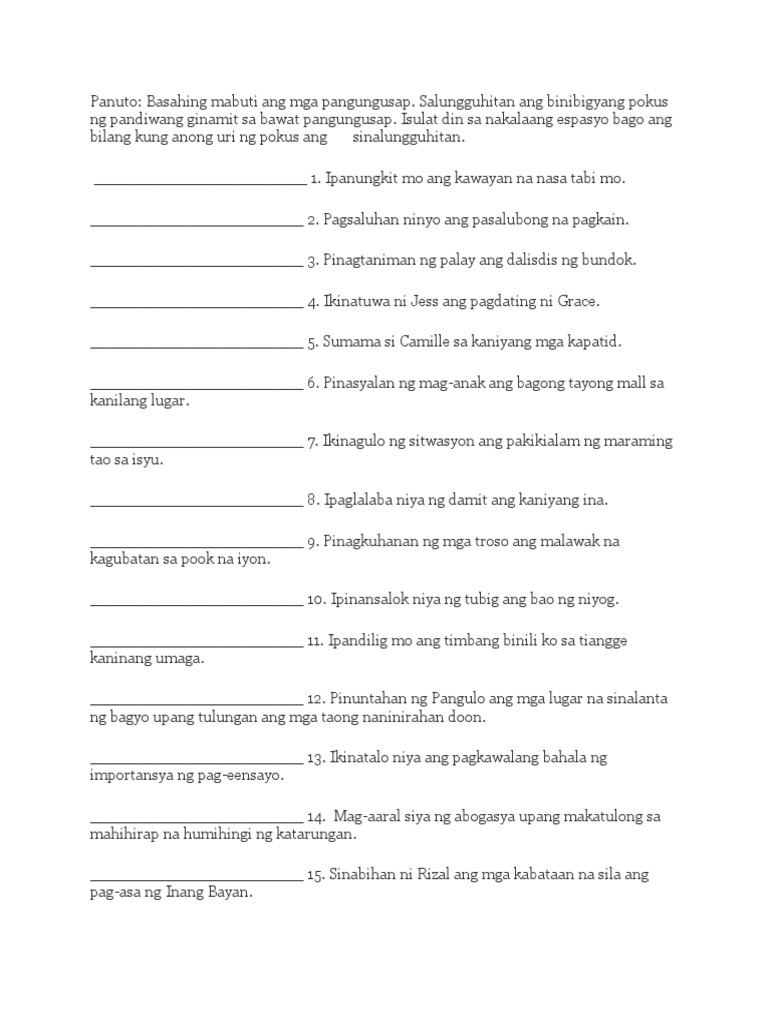 Pokus NG Pandiwa Worksheet | PDF