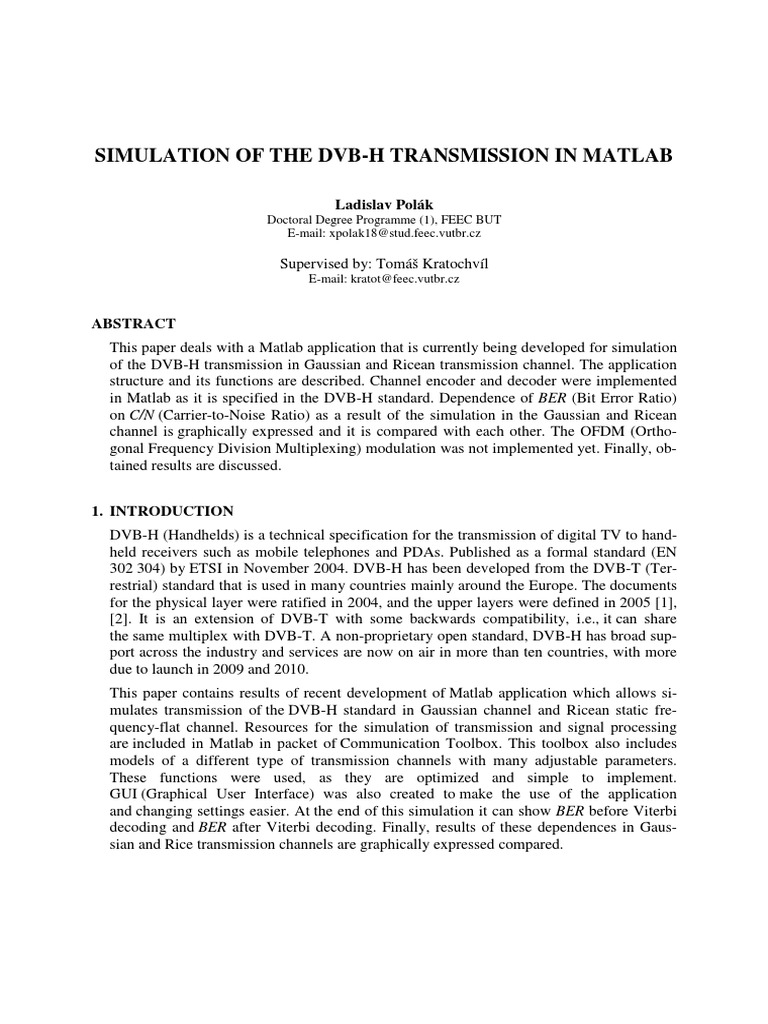 Simulation of The DVB-H Transmission in Matlab: Ladislav Polák | PDF | Orthogonal Frequency ...