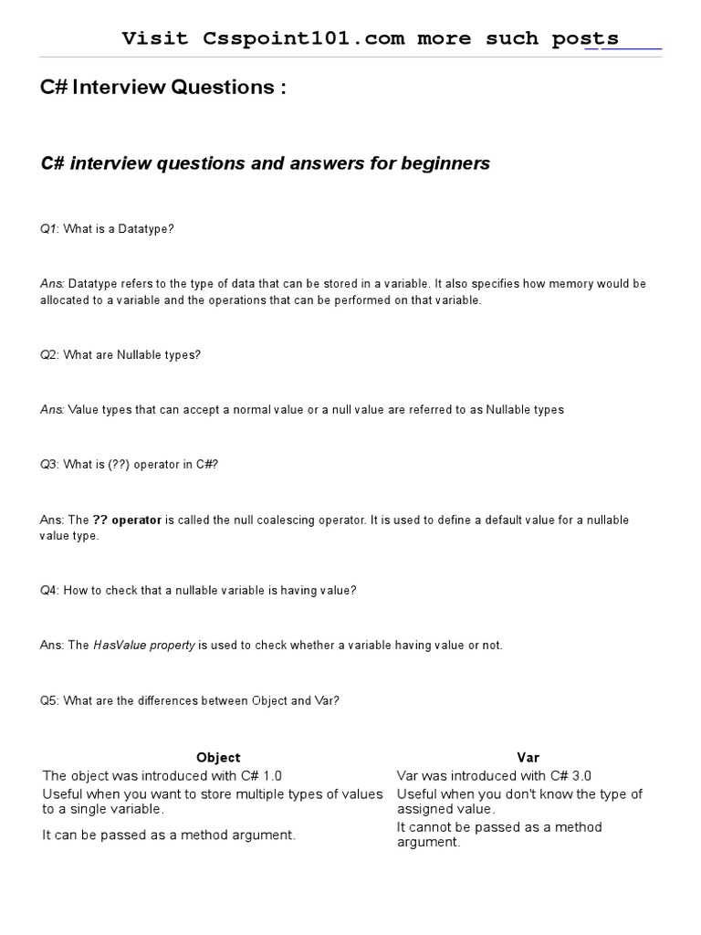 C Interview Questions And Answers For Beginners Pdf Class Computer Programming C Sharp 