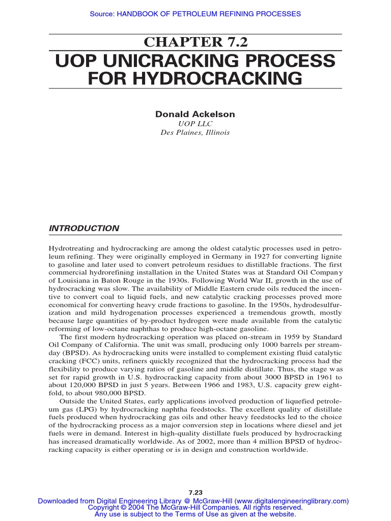 Uop Unicracking Process For Hydrocracking: Donald Ackelson | PDF | Cracking (Chemistry) | Oil ...