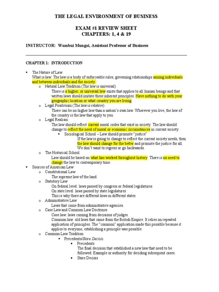 The Legal Environment of Business Exam #1 Review Sheet CHAPTERS: 1, 4 ...