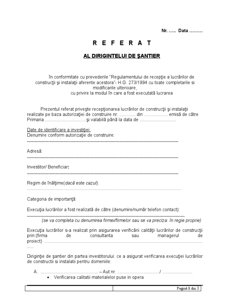 MODEL Referat Diriginte de Santier | PDF