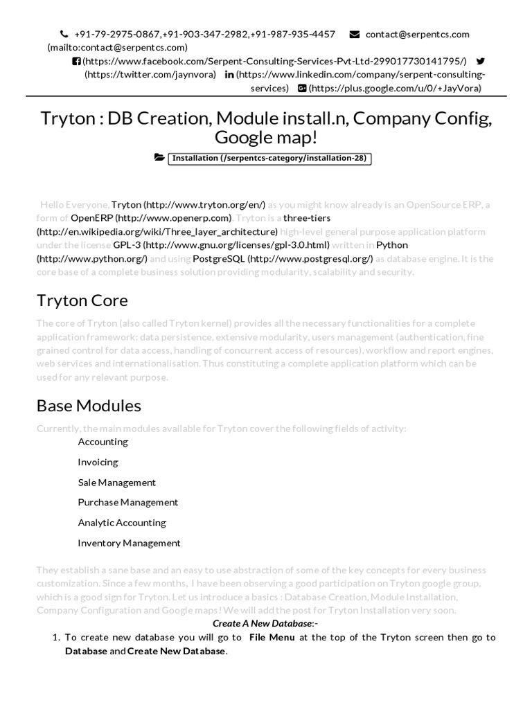 Tryton - DB Creation, Module Install.n, Company Config, Google Map ...