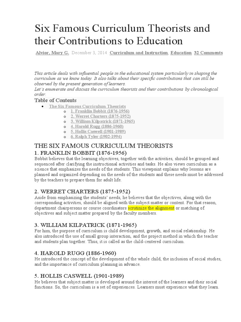 1 Six Famous Curriculum Theorists and Their Contributions To Education ...