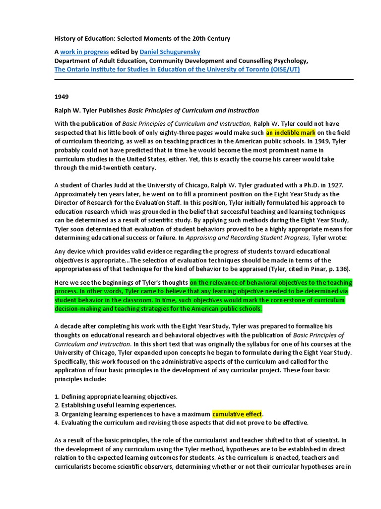 Ralph Tyler's Lasting Influence: The Publication and Impact of "Basic ...