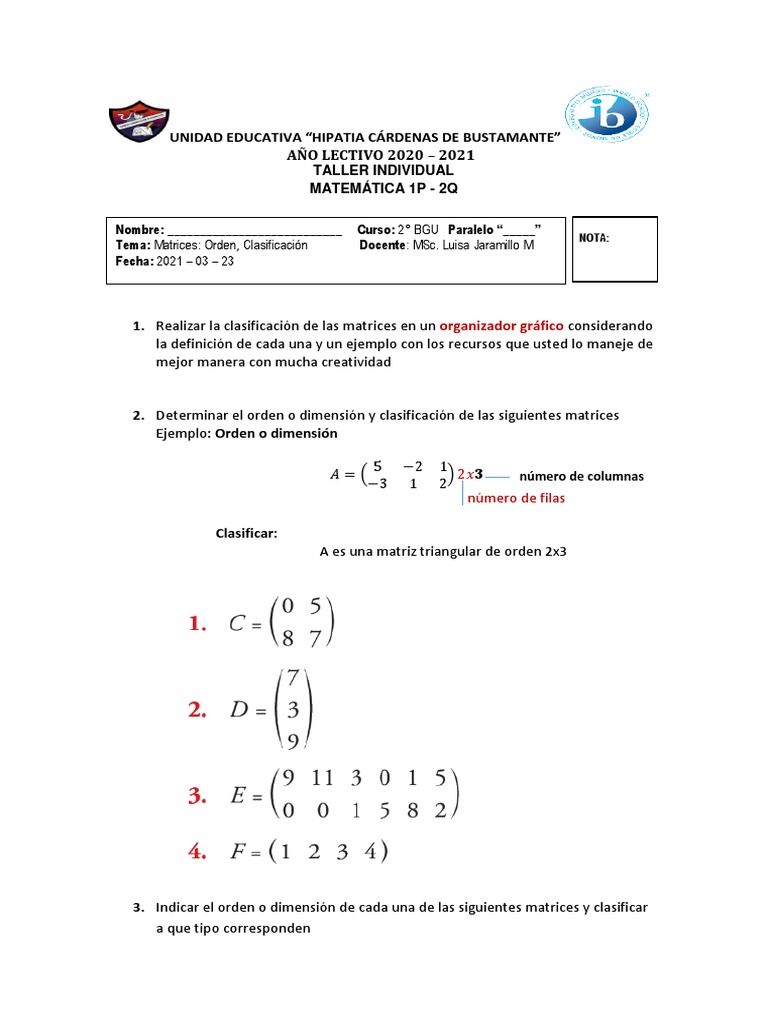 Matrices Taller 1P 2Q | PDF | Matriz (Matemáticas) | Análisis funcional