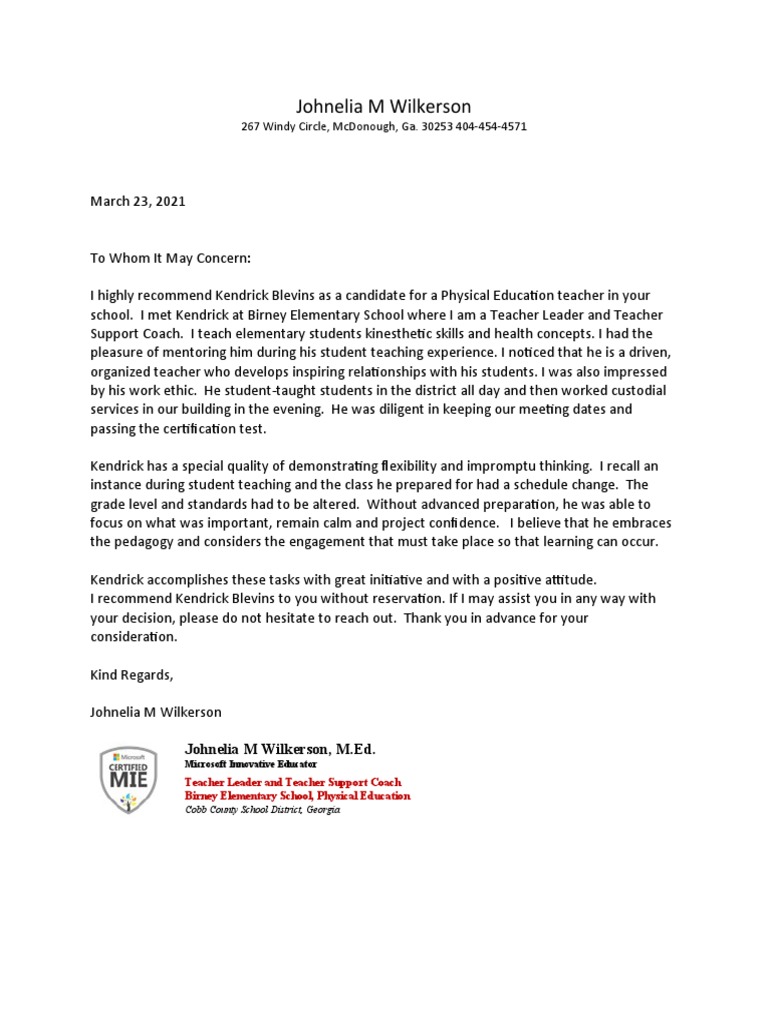 Coach W Letter of Recommendation | PDF