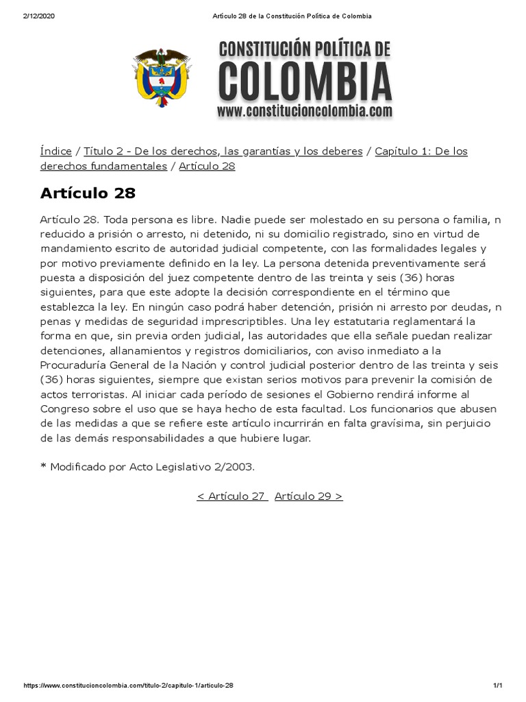 Artículo 28 de la Constitución Colombiana | PDF | Derecho