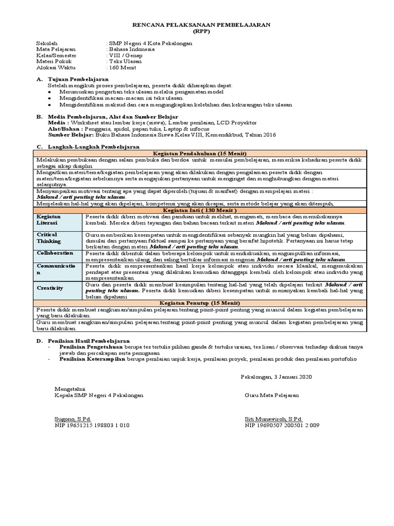 RPP Teks Ulasan Kelas VIII SMP Pekalongan | PDF | Karier & Perkembangan