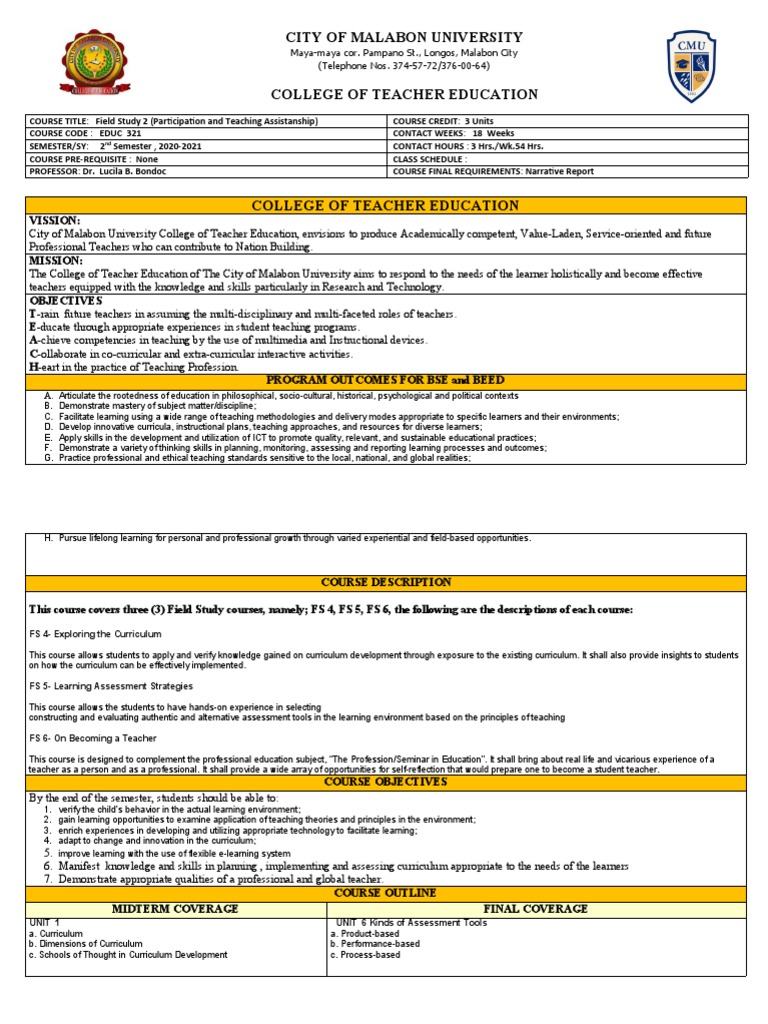 New Obe Template Syllabus Field Study 2 | PDF | Curriculum ...