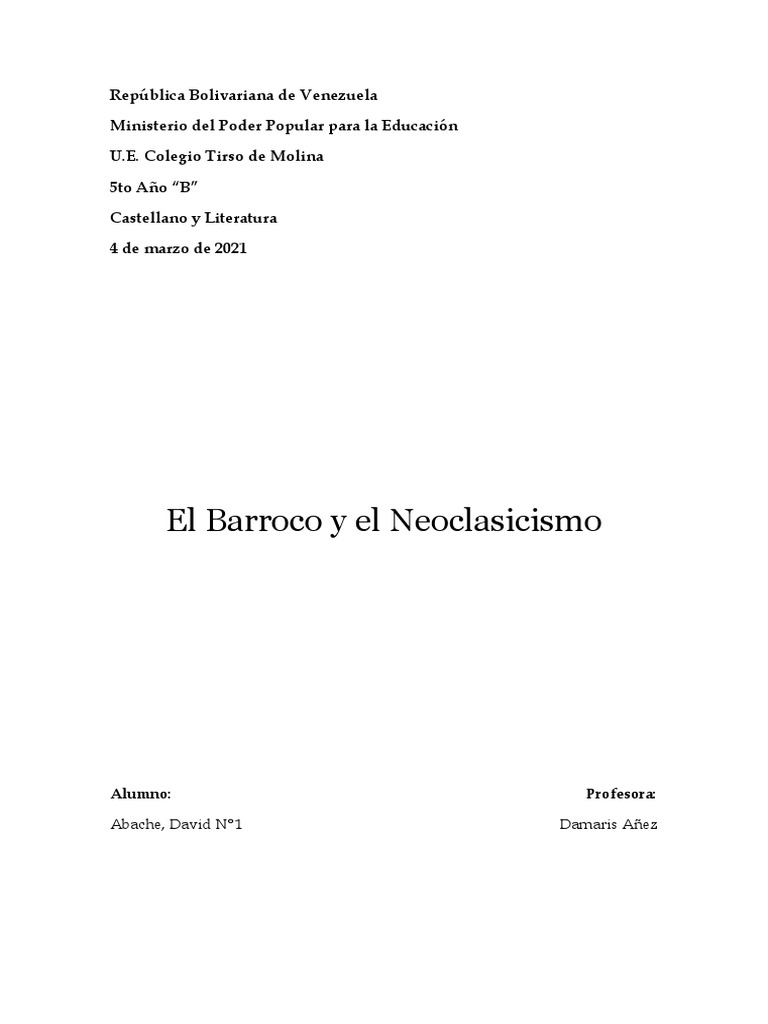 El Barroco y El Neoclasicismo Actividad | PDF