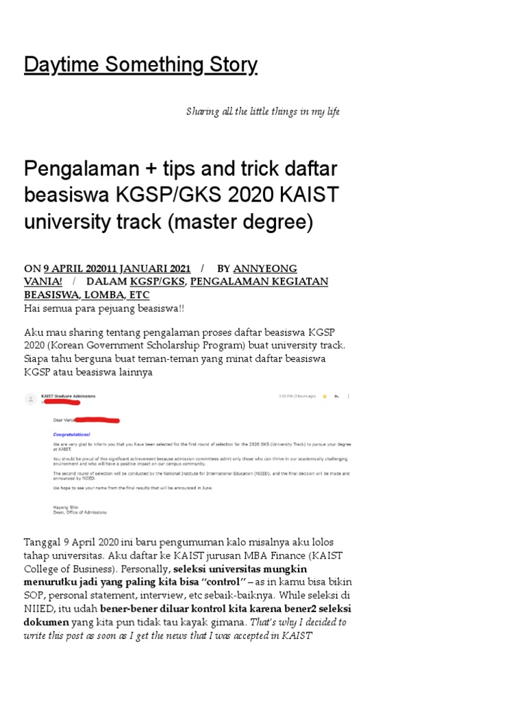 Pengalaman + Tips and Trick Daftar Beasiswa KGSP - GKS 2020 KAIST University Track (Master ...