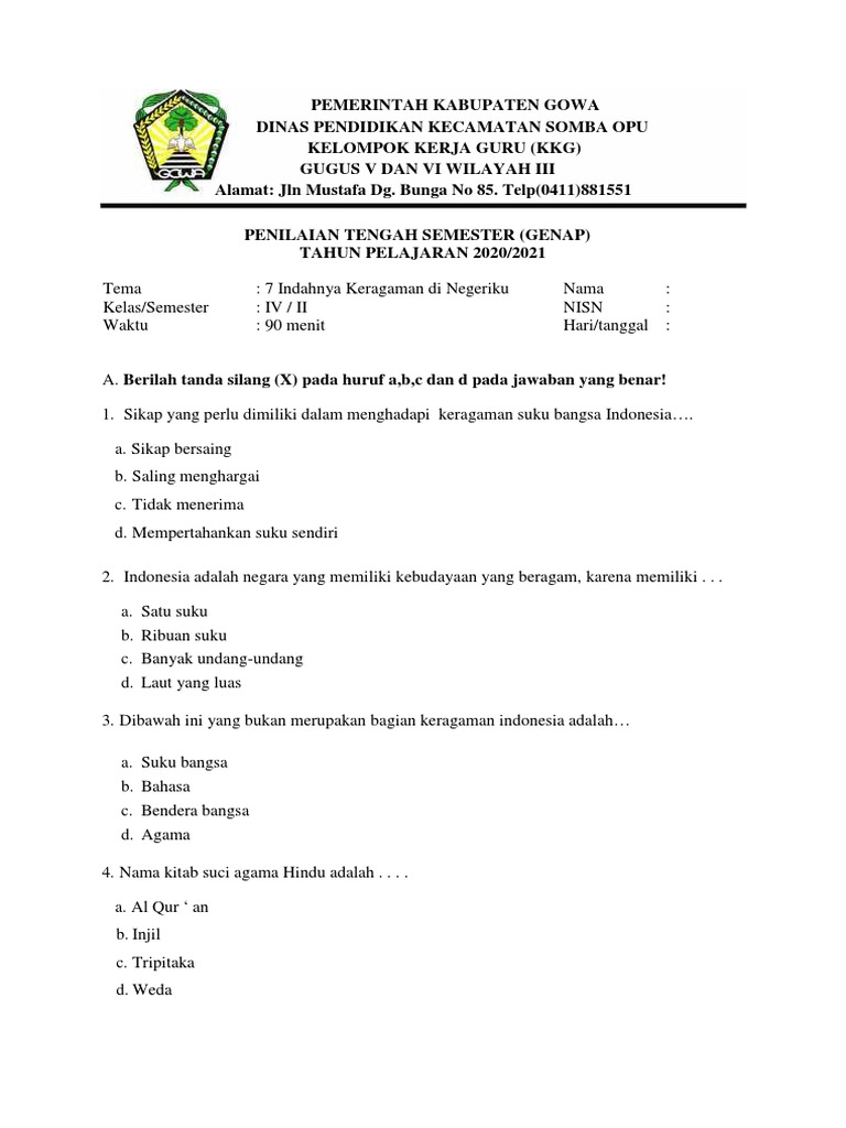Soal PTS KLS 4 Tema 7-Edit | PDF