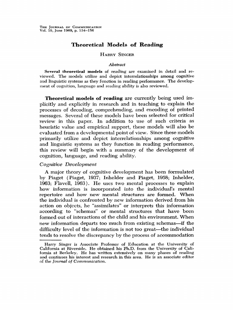 Theoretical Models of Reading: Singer | PDF | Language Development ...