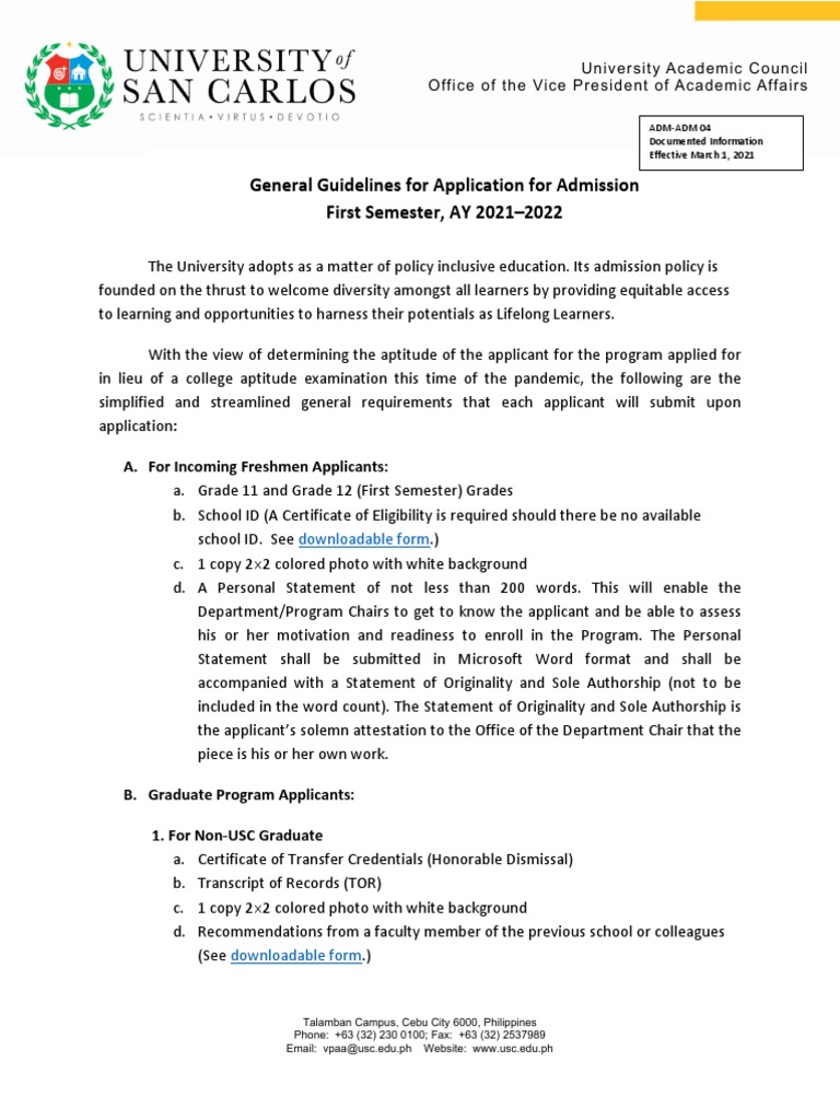 General Guidelines For Application For Admission First Semester, AY ...
