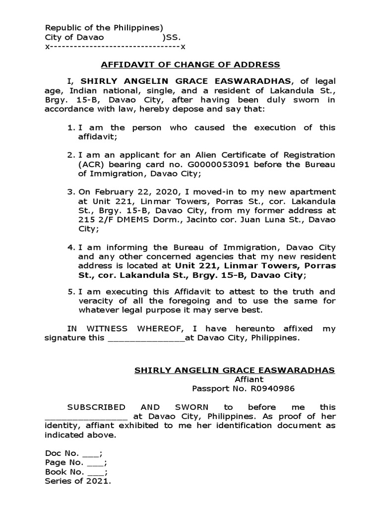 Affidavit of Change of Address | PDF | Social Science | Law