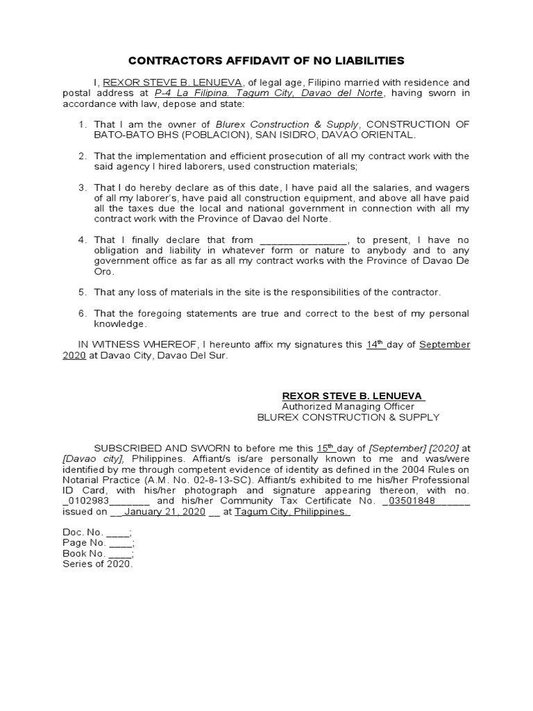 Contractors Affidavit of No Liabilities | PDF