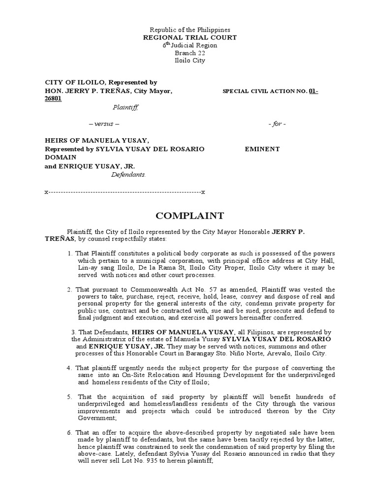 Complaint: Plaintiff, - Versus - For | PDF | Eminent Domain | Civil Law ...