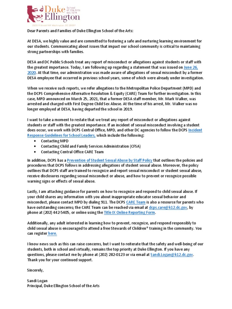 2021.03.26 - DESA Staff Arrest Community Letter | PDF | Child Sexual ...