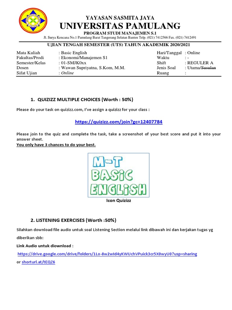 Soal UTS Basic English Nov 20 | PDF