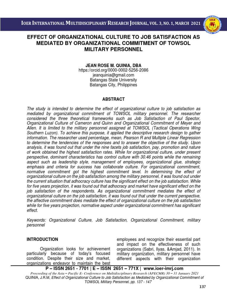 Effect of Organizational Culture To Job Satisfaction As Mediated by ...