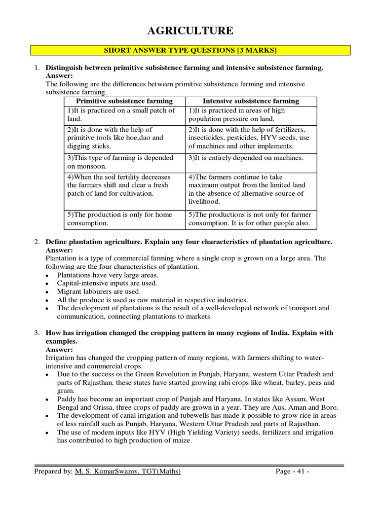 05 Agriculture Chapter Wise Important Questions | PDF | Intensive ...