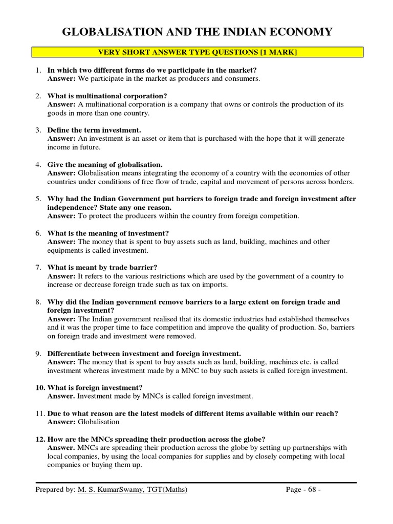 08 Globalisation and The Indian Economy Important Questions and Answers ...