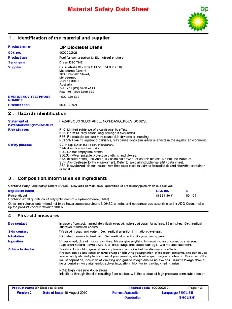 Material Safety Data Sheet for BP Biodiesel Blend | PDF