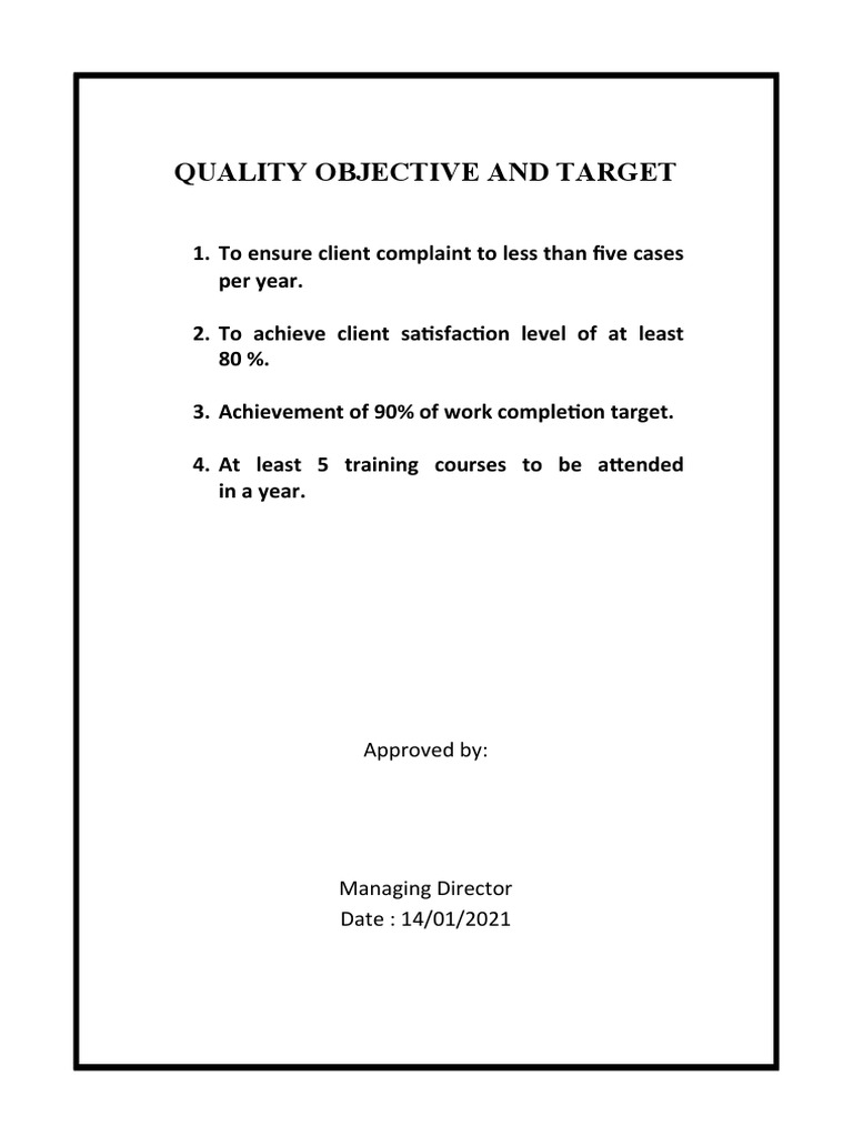 Quality Objective and Target | PDF