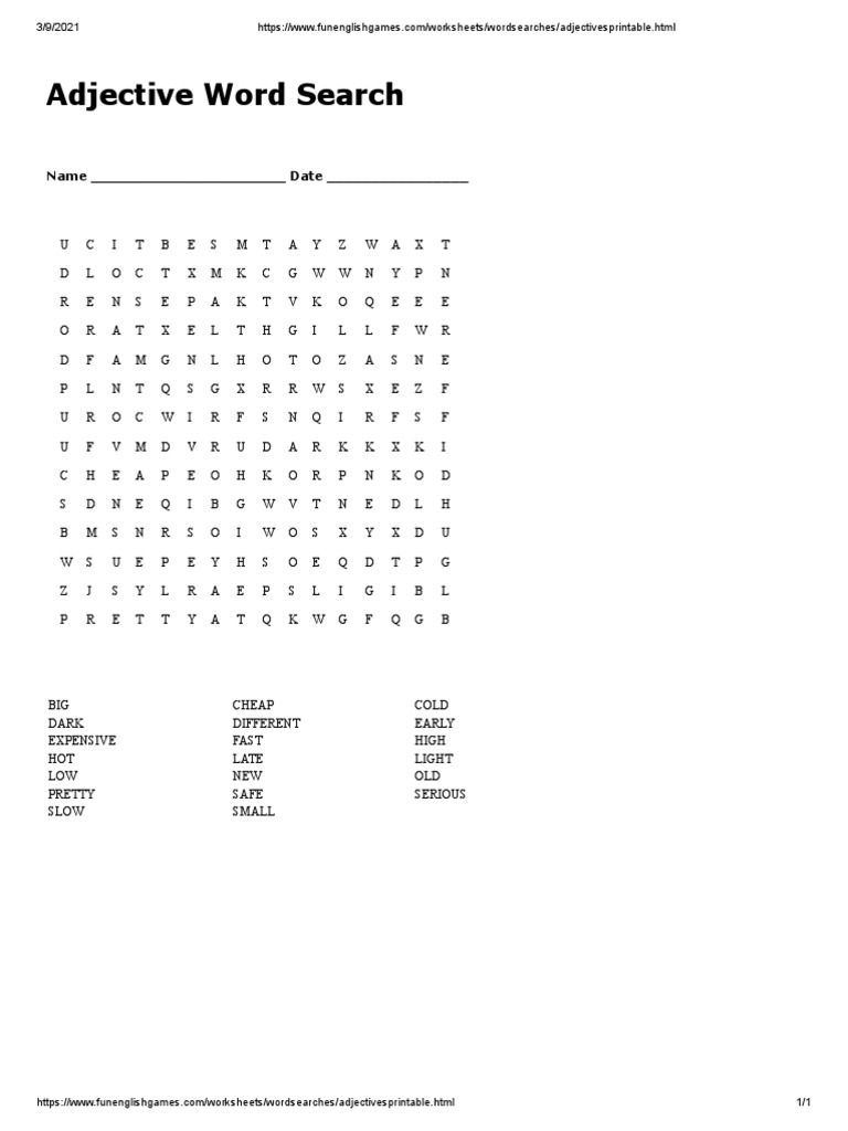 Adjective Word Search: Name - Date | PDF