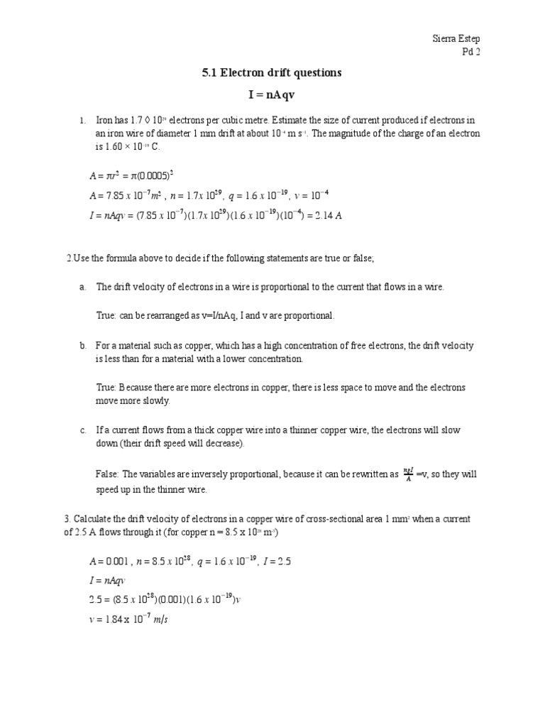 5.1 Electron Drift Questions I = Naqv: R A = Π A = 7 N = 1 Aqv I = N | PDF | Electronvolt ...