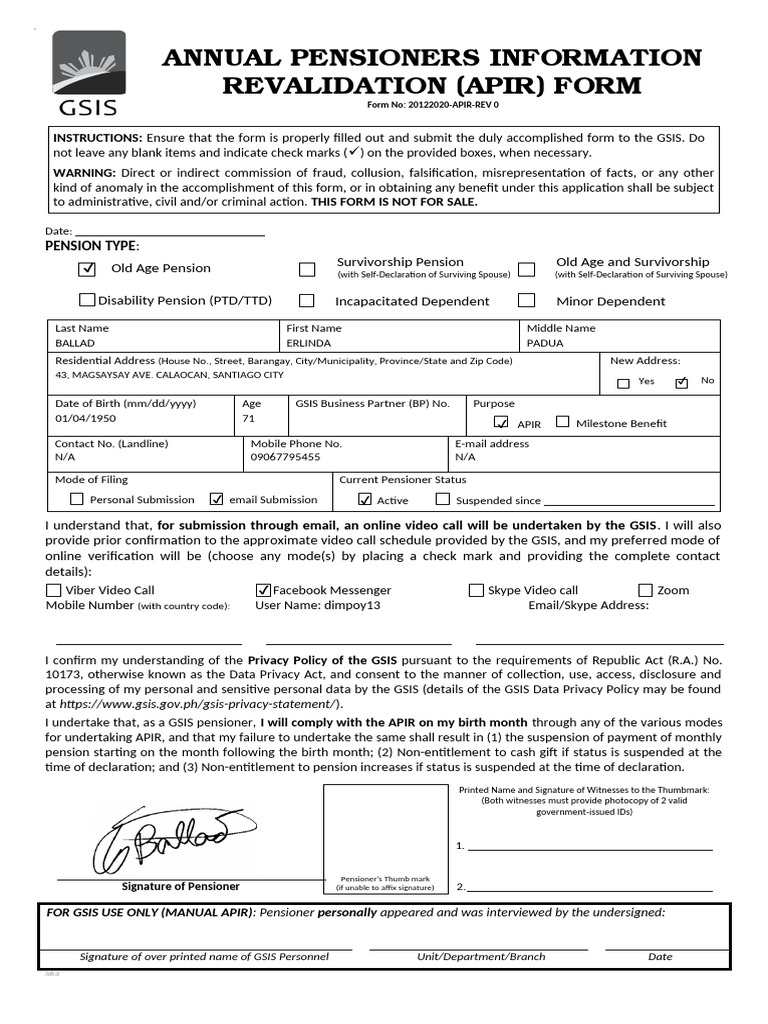 Annual Pensioners Information Revalidation (Apir) Form: Pension Type ...