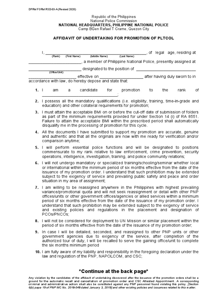 PNP Affidavit for PLTCOL Promotion | PDF | Affidavit | Public Law