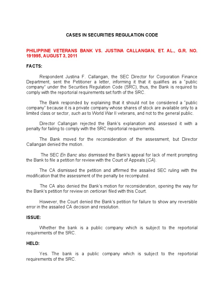 Cases in Securities Regulation Code | PDF | U.S. Securities And ...