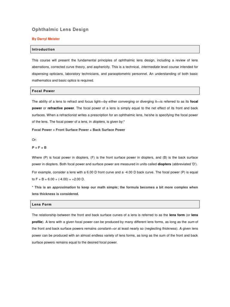 Ophthalmic Lens Design | PDF | Lens (Optics) | Optics