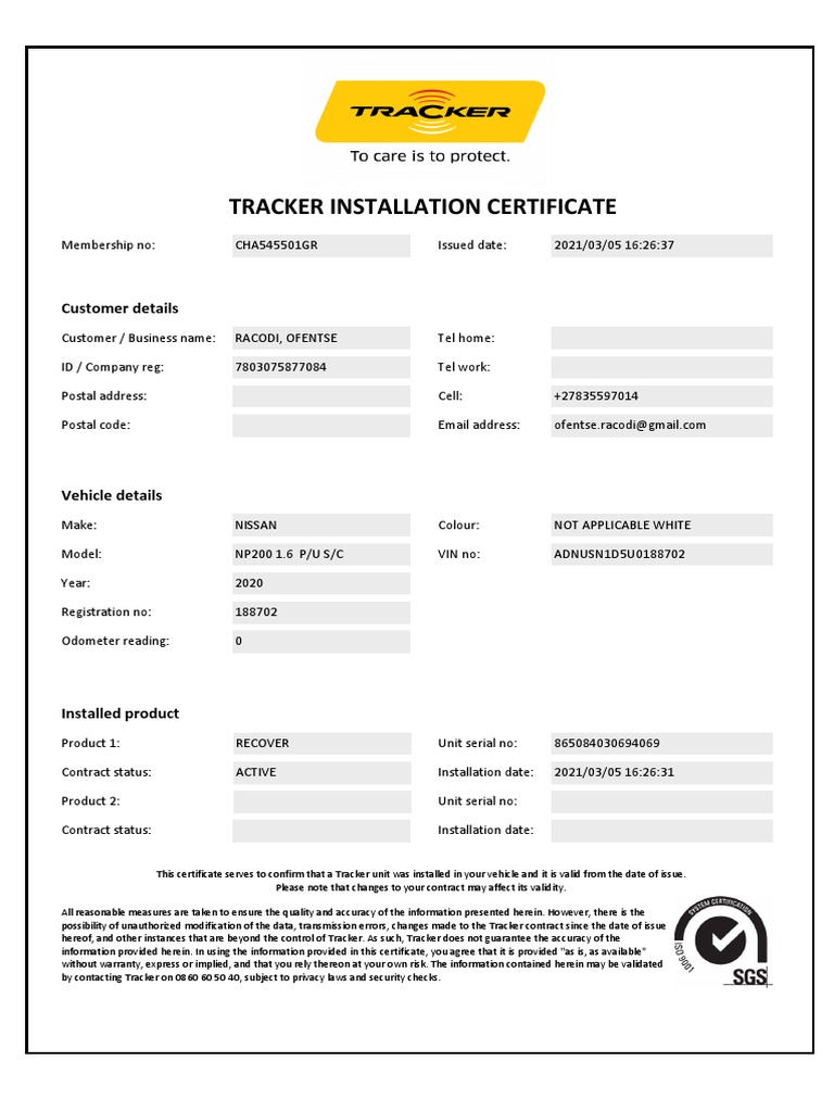 Tracker Installation Certificate: Customer Details | PDF | Privacy ...