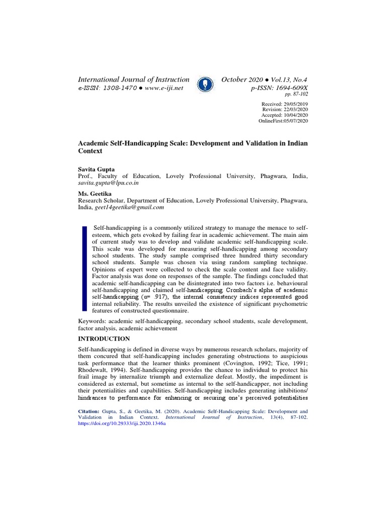 Academic Self-Handicapping Scale - Development and Validation in Indian ...