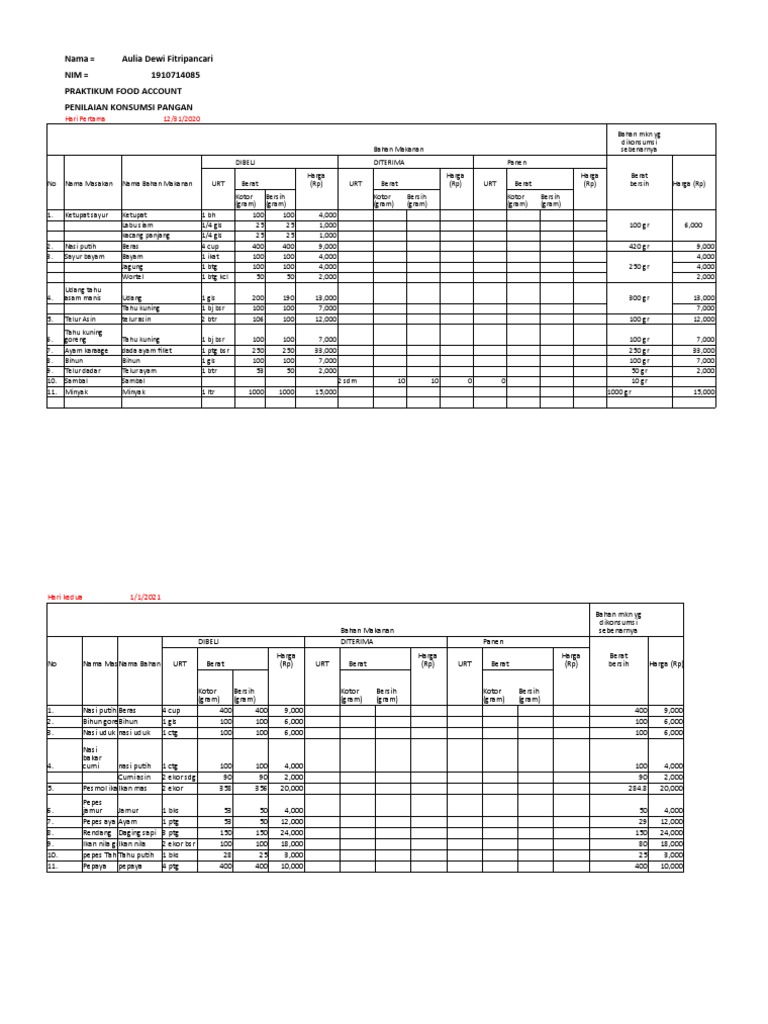 Food Account Day 1 | PDF